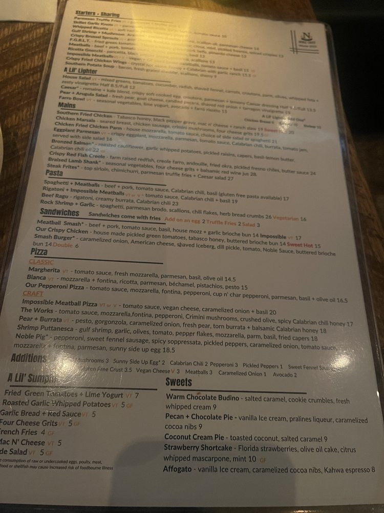 Menu Noble Crust