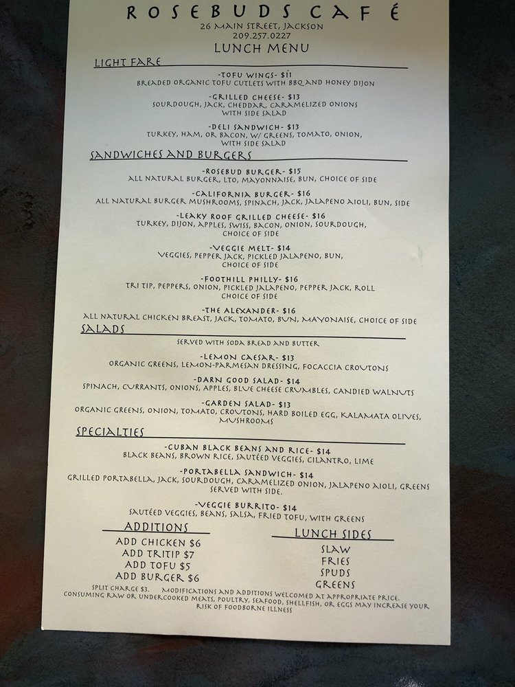 Rosebuds menu store